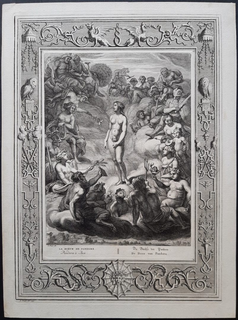 Bernard Picart the box of pandora original etching on laid paper 1730
